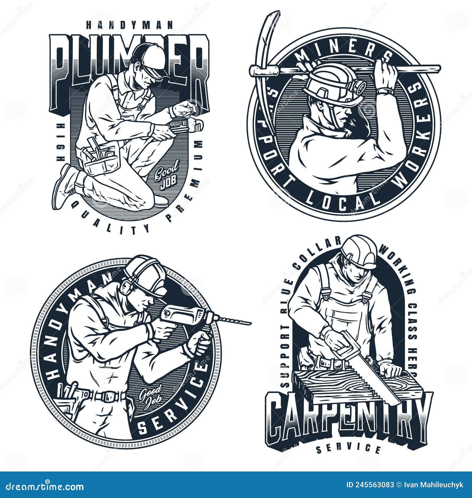 Workers with Tools Emblems Set Stock Vector - Illustration of ...