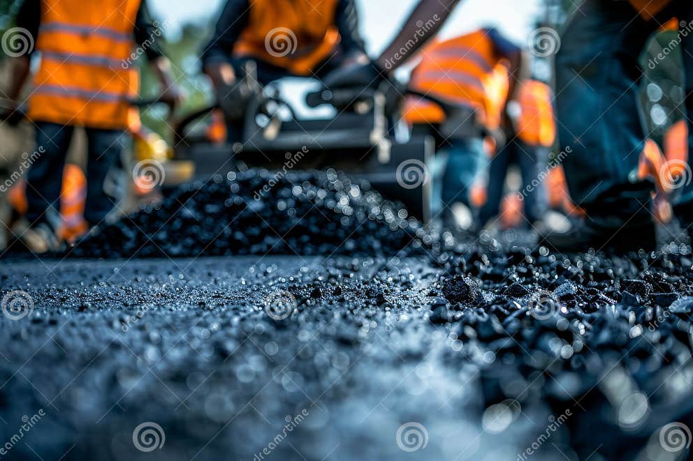 Workers with Tools on Paved Road, Road Markings on Asphalt Stock Image ...