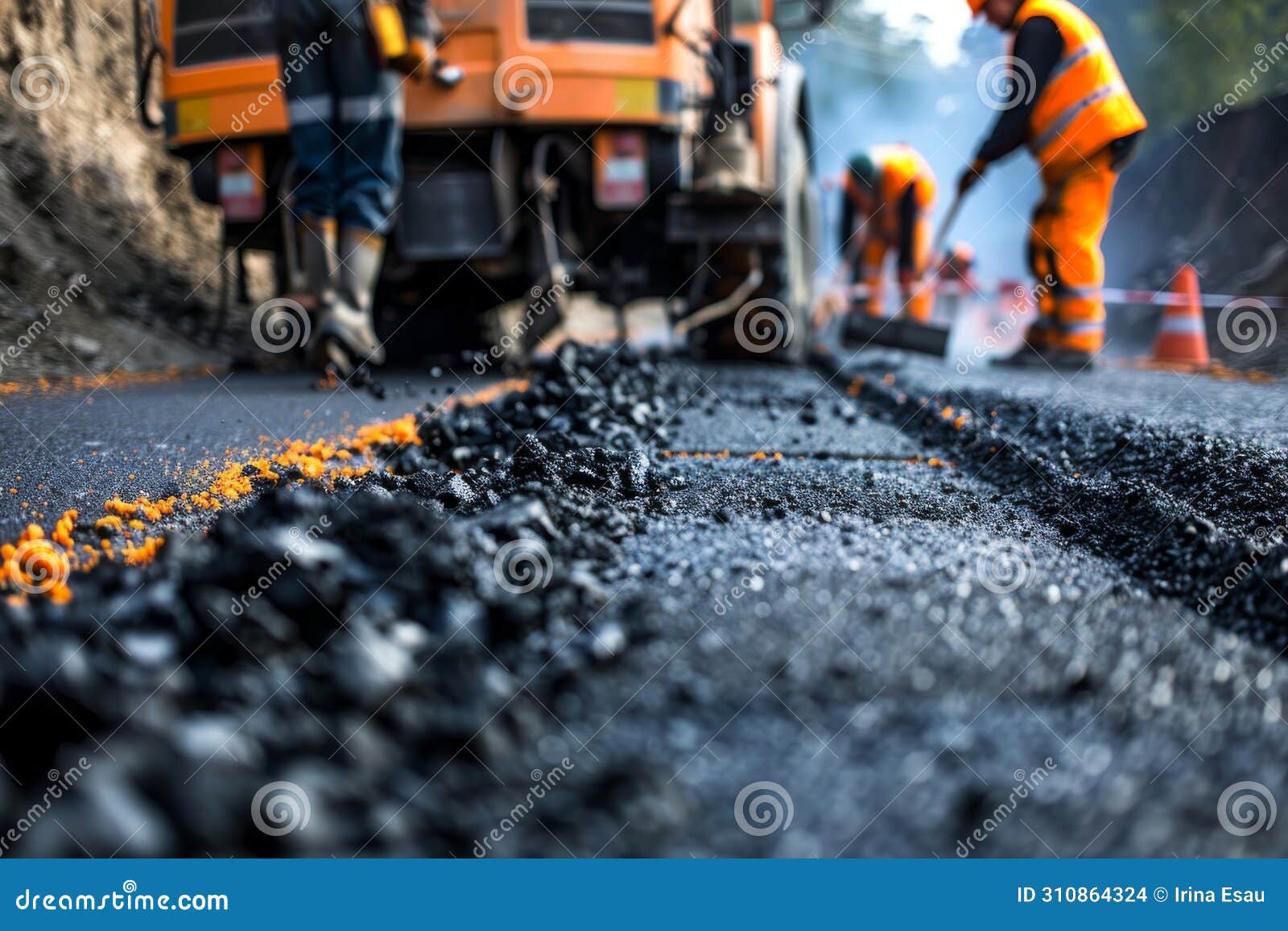 Workers with Tools on Paved Road, Road Markings on Asphalt Stock ...