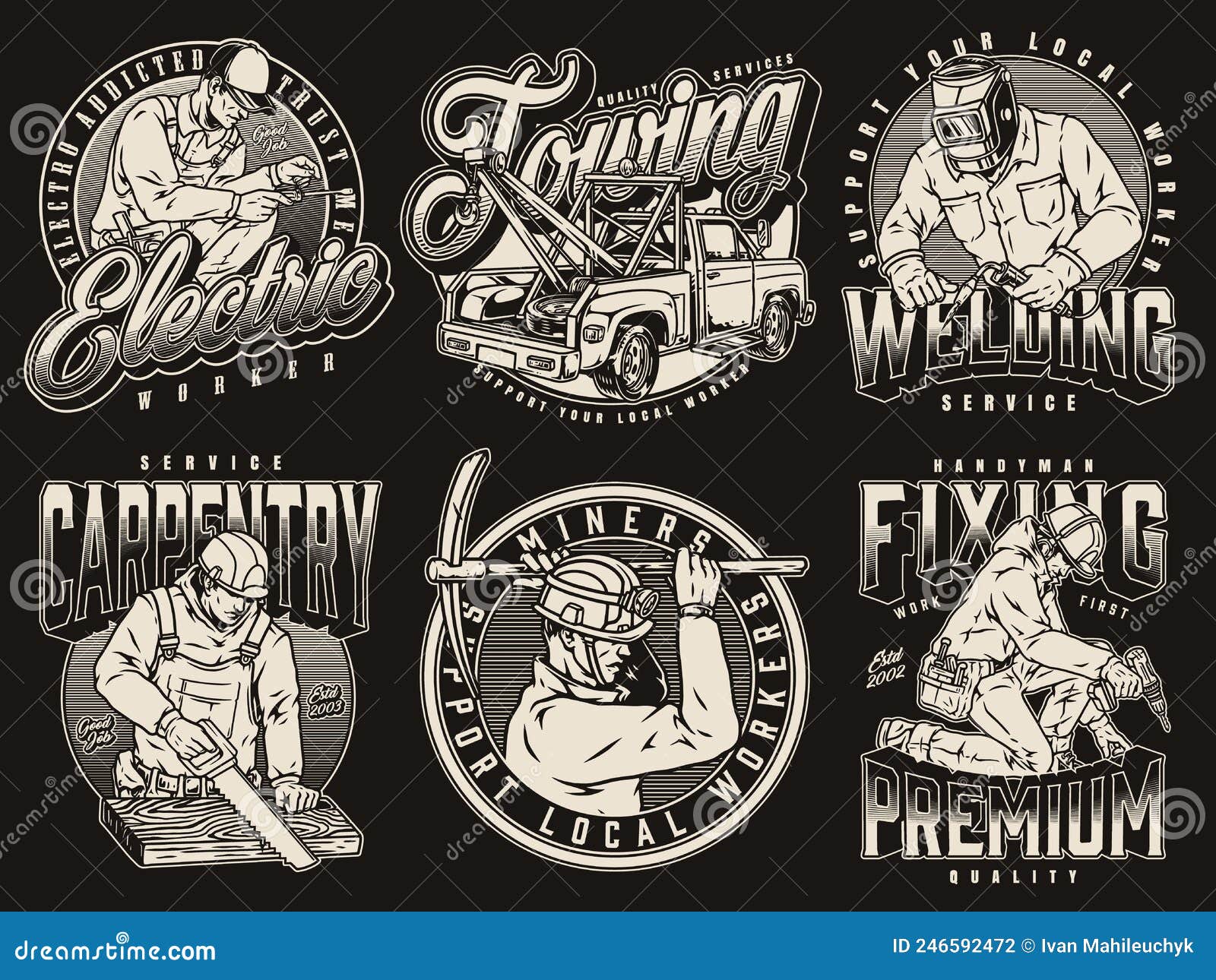 Workers and Towing Service Monochrome Emblems Stock Vector ...