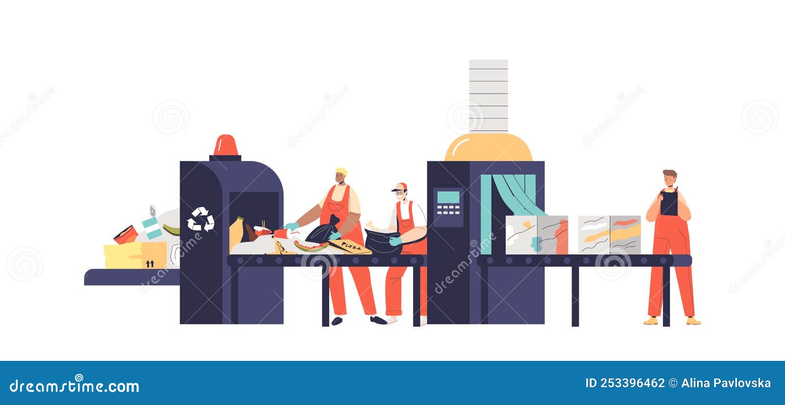Workers in Uniform Sort Litter at Garbage Recycling Conveyor. Waste ...