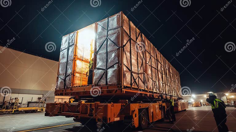 Workers Handle Cargo Container Unloading at Night at a Busy Shipping ...