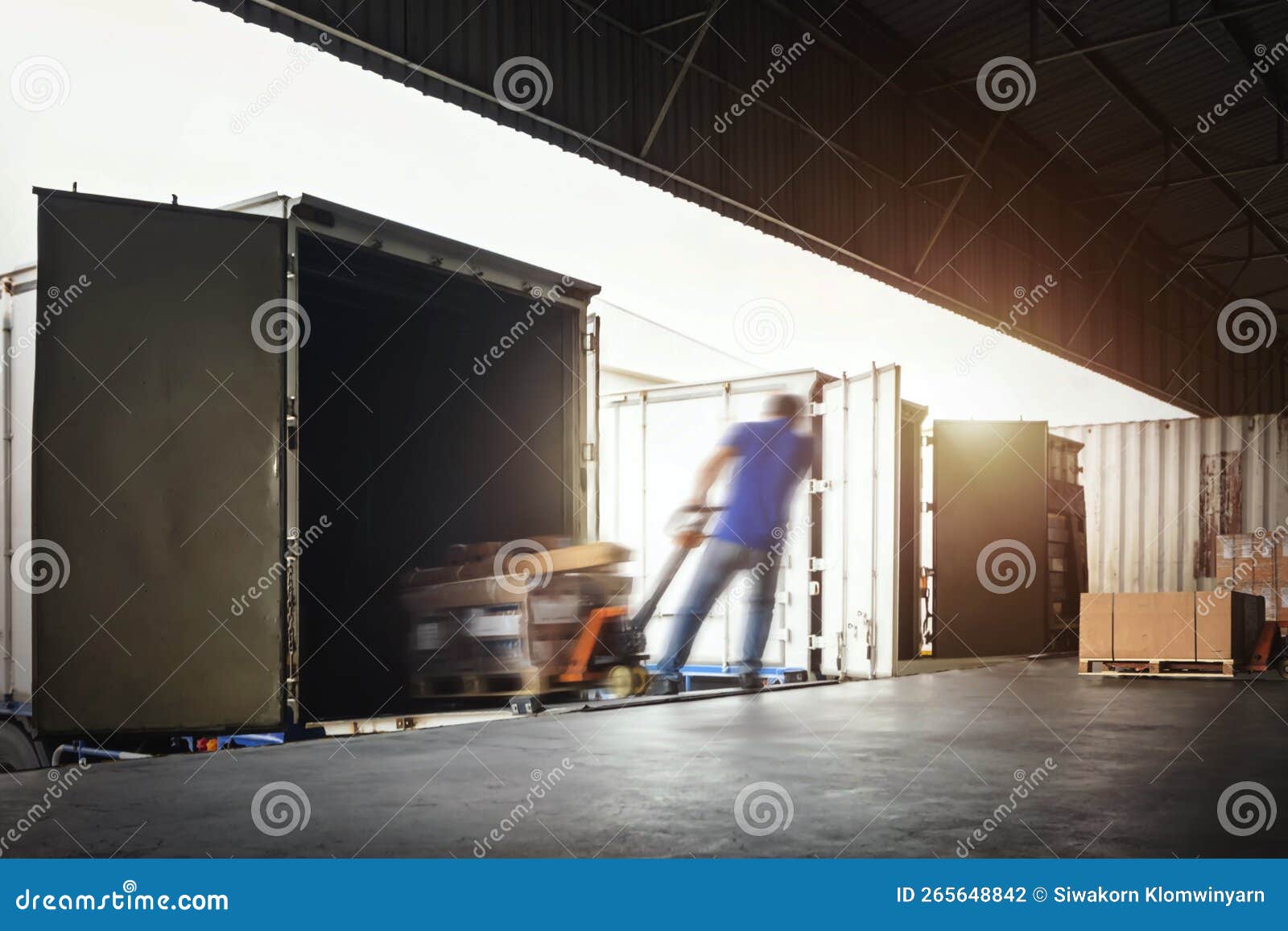Workers Unloading Cargo Boxes Pallet into Container Trucks ...