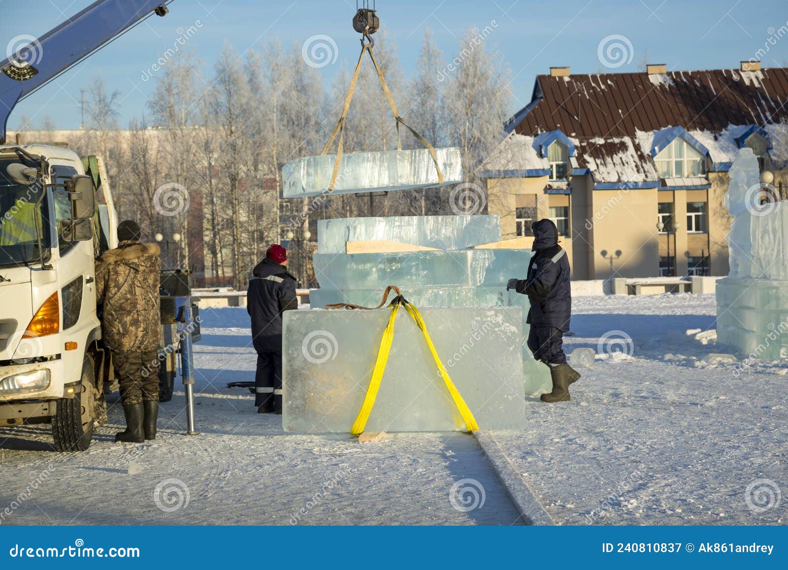 Workers Unloading Ice Blocks from a Car Stock Image - Image of city ...