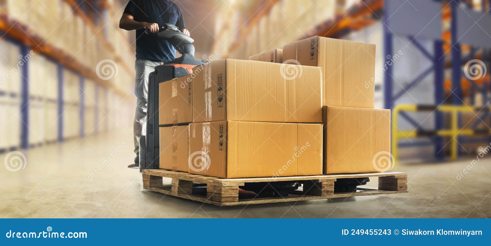 Workers Unloading Packaging Boxes on Pallet in the Warehouse. Cardboard ...