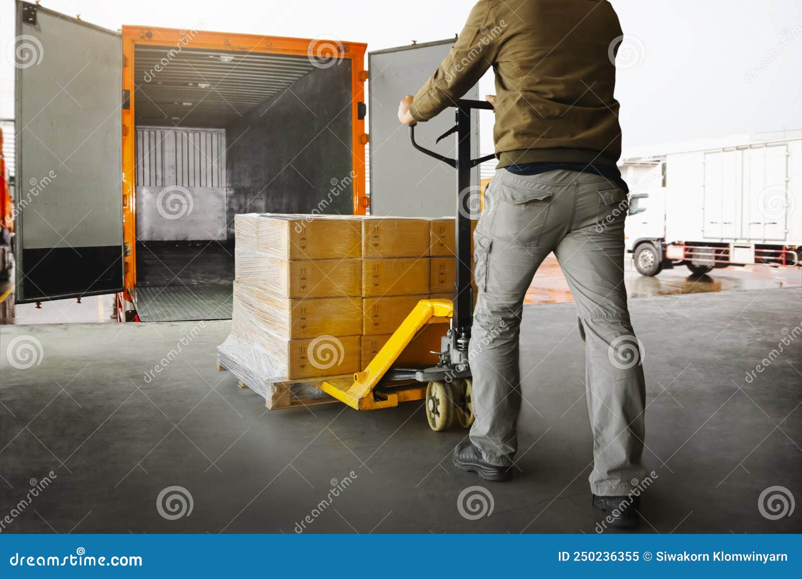 Workers Unloading Packaging Boxes on Pallets into the Cargo Container ...