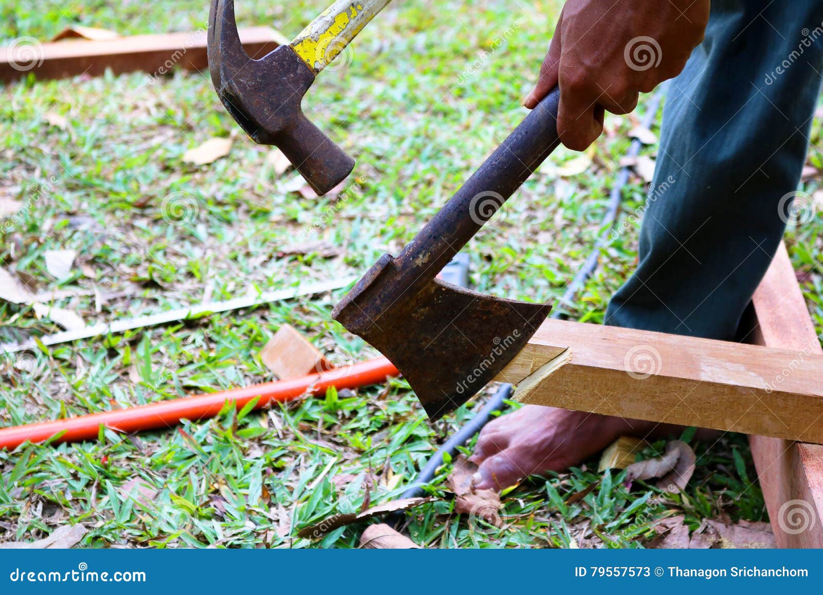Workers Use a Hammer Smashed the Axe. Stock Image - Image of male, long ...