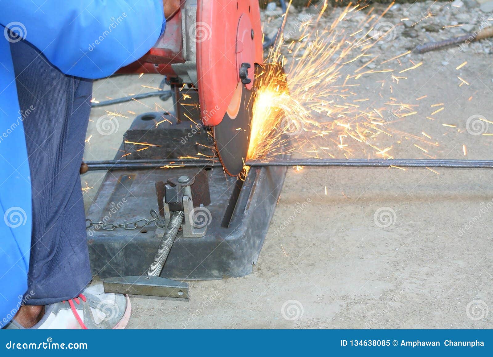 Workers Use Red Electric Steel Cutter Machine and Have Many Sharp ...