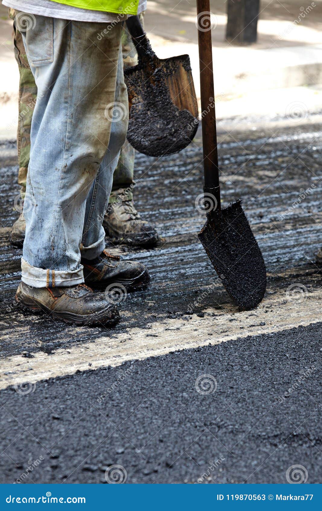 Workers Using Asphalt Paver Tools during Road Construction. Stock Image ...