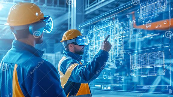 Workers Using Augmented Reality in a Construction Site Stock ...