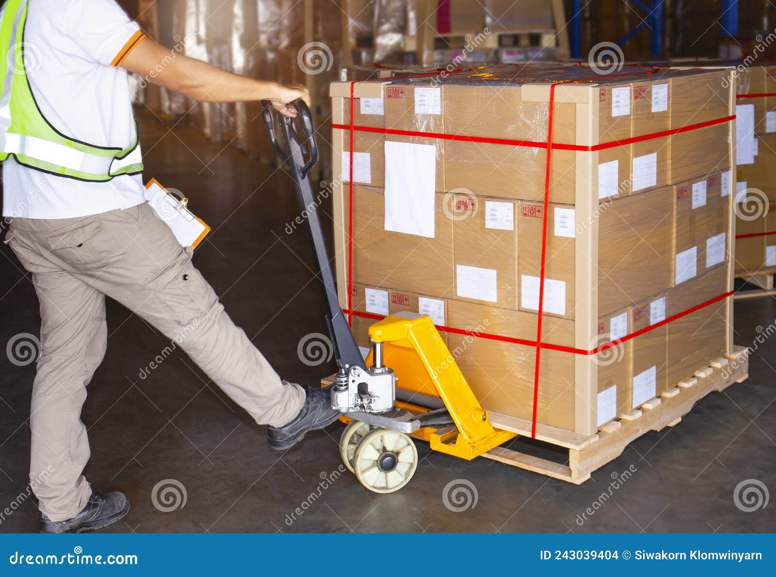 Workers Using Hand Pallet Jack Unloading Packaging Boxes in Storage ...
