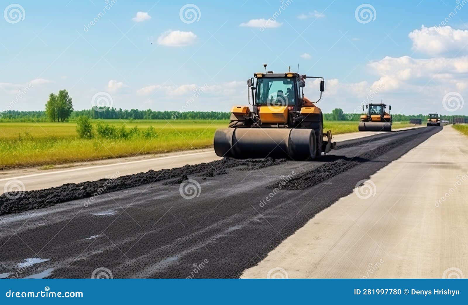 Workers Using Heavy Machinery To Lay New Asphalt Road at Construction ...