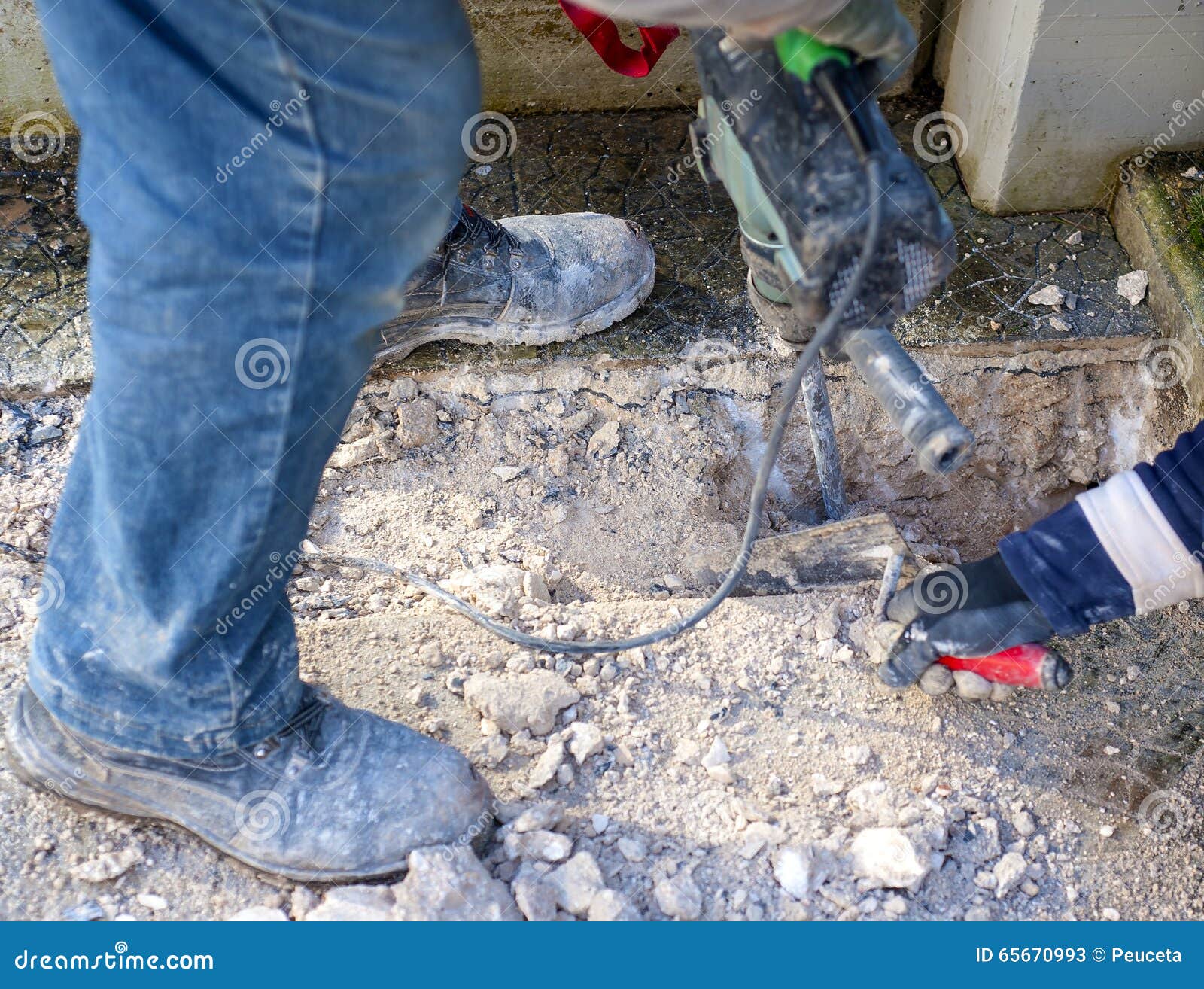 Workers Using Jackhammer and Trowel Stock Image - Image of machine ...