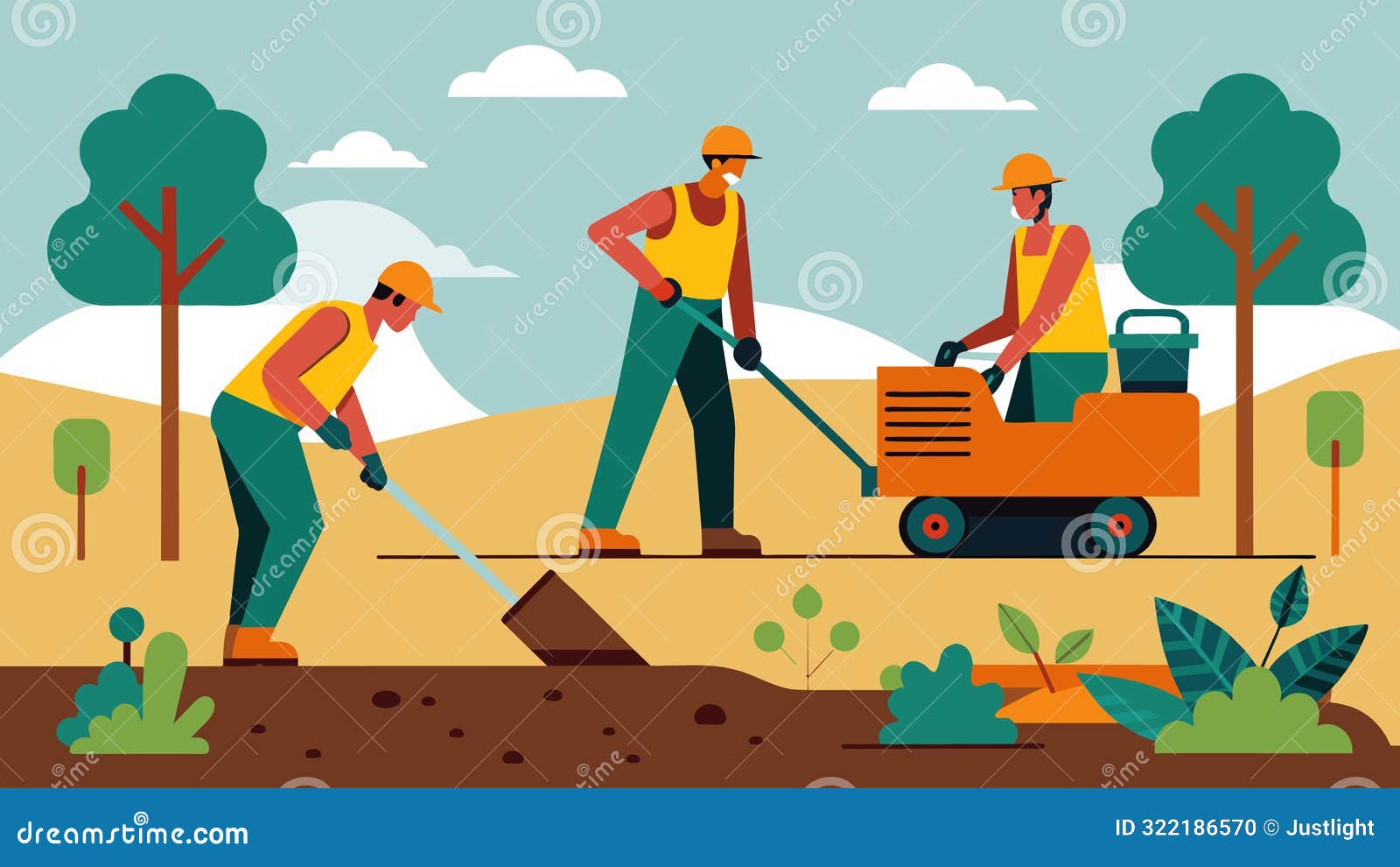 Workers Using Specialized Equipment To Compact the Soil and Pack it ...