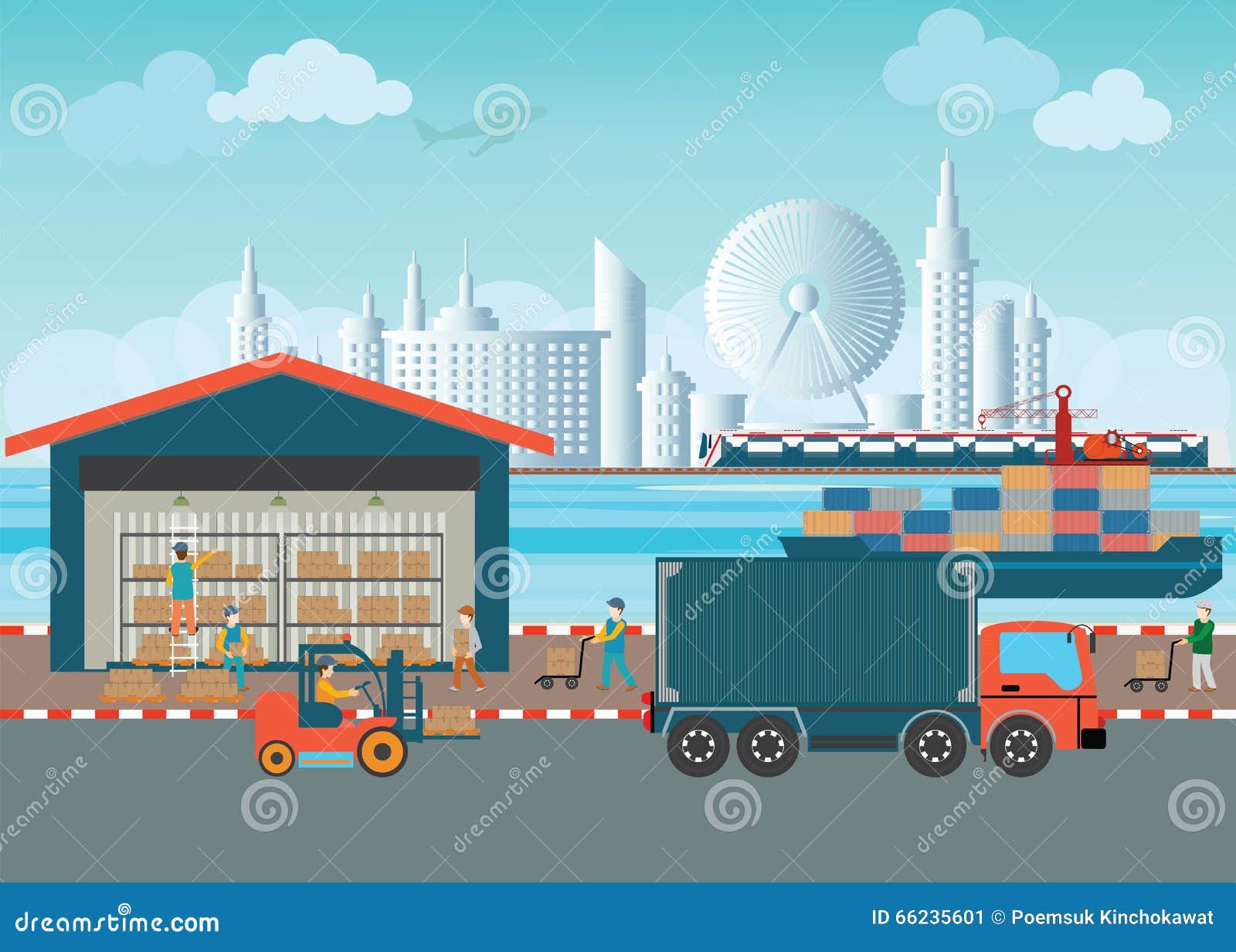 Workers of Warehouse Load Boxes and Pallet. Stock Vector - Illustration ...