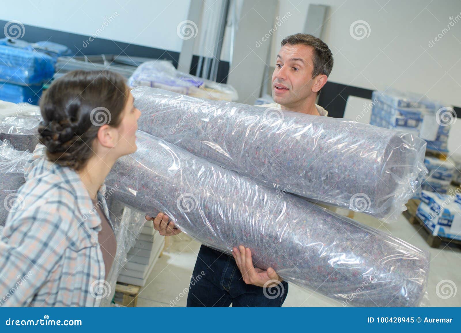 Workers Warehouse Transporting Plastic Packaging Stock Image - Image of ...