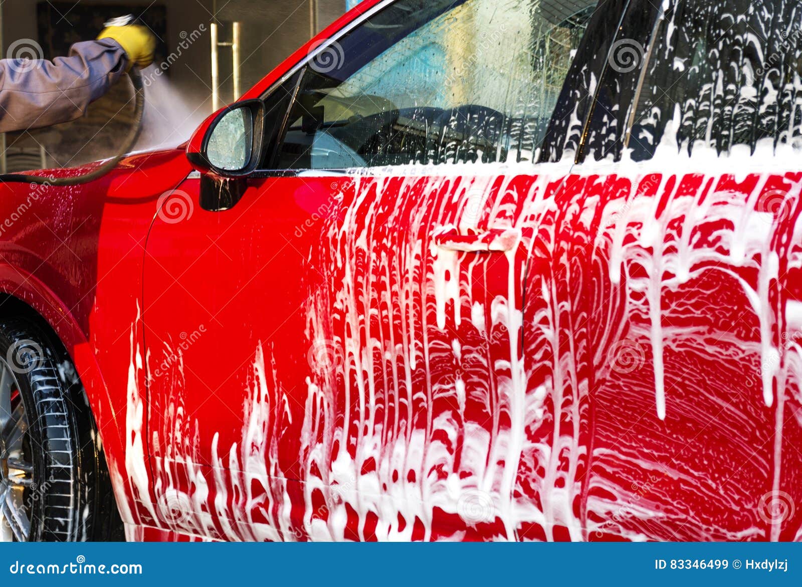 Workers in the Wash Clean a Red Car Stock Image - Image of hose ...