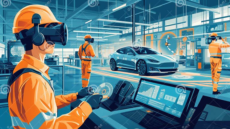 Workers Wearing Virtual Reality Headsets and Operating Simulation ...