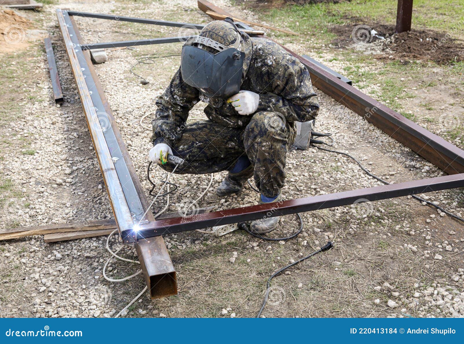 Workers Weld Metal for Sliding Gates. Stock Photo - Image of skill ...