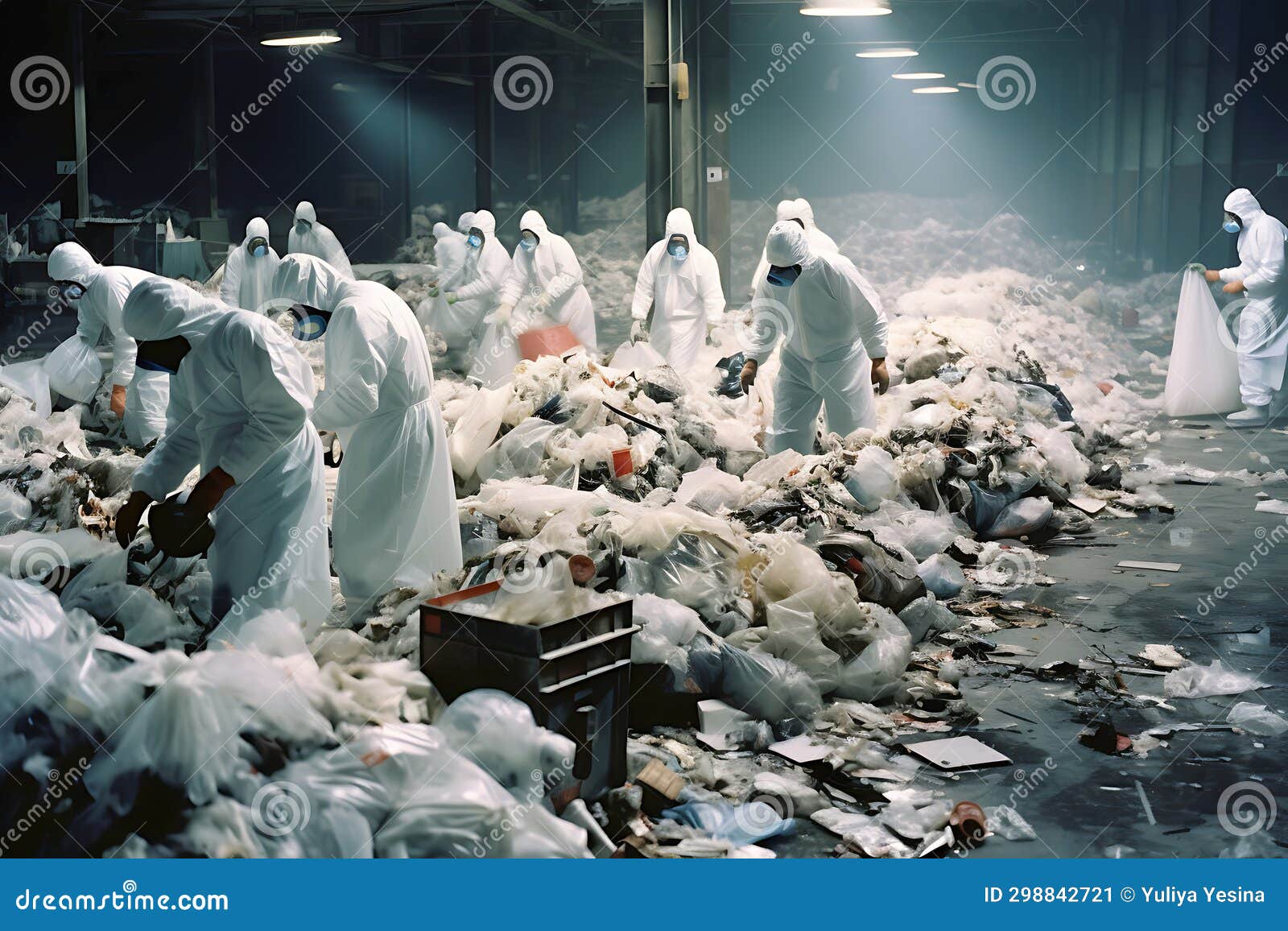 Workers in White Uniforms and Protective Masks Clean and Sort Garbage ...