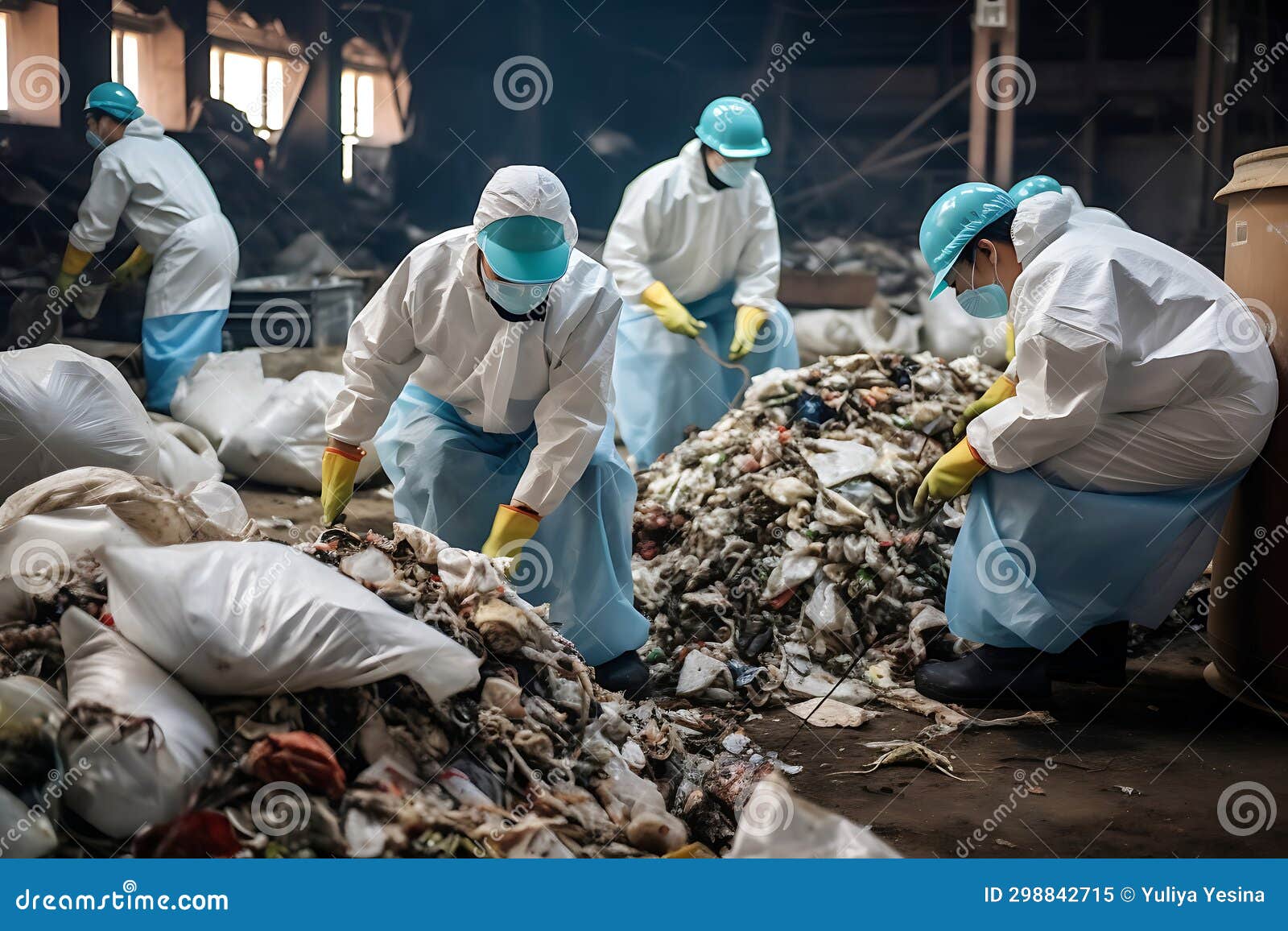 Workers in White Uniforms and Protective Masks Clean and Sort Garbage ...