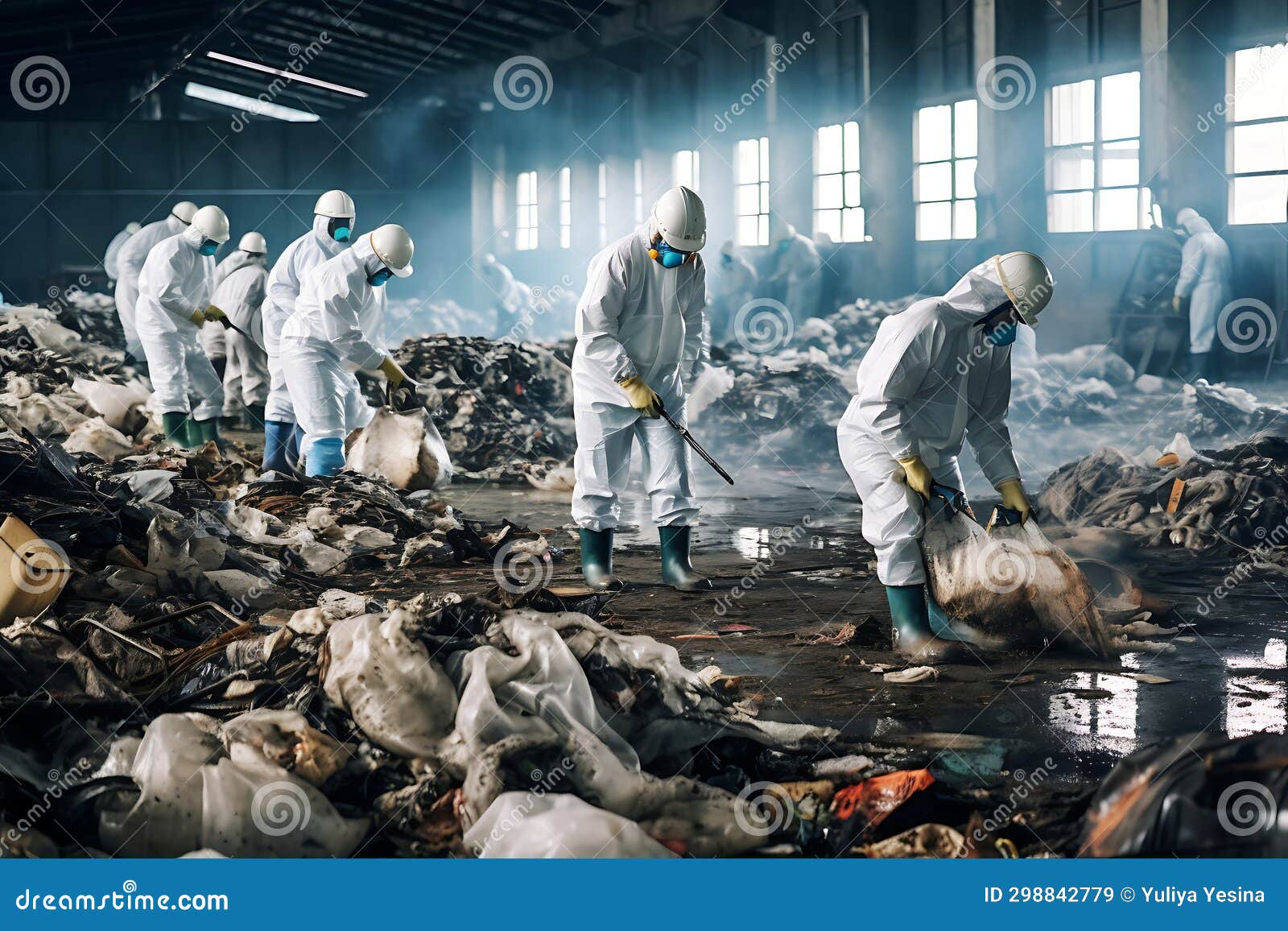 Workers in White Uniforms and Protective Masks Clean and Sort Garbage ...