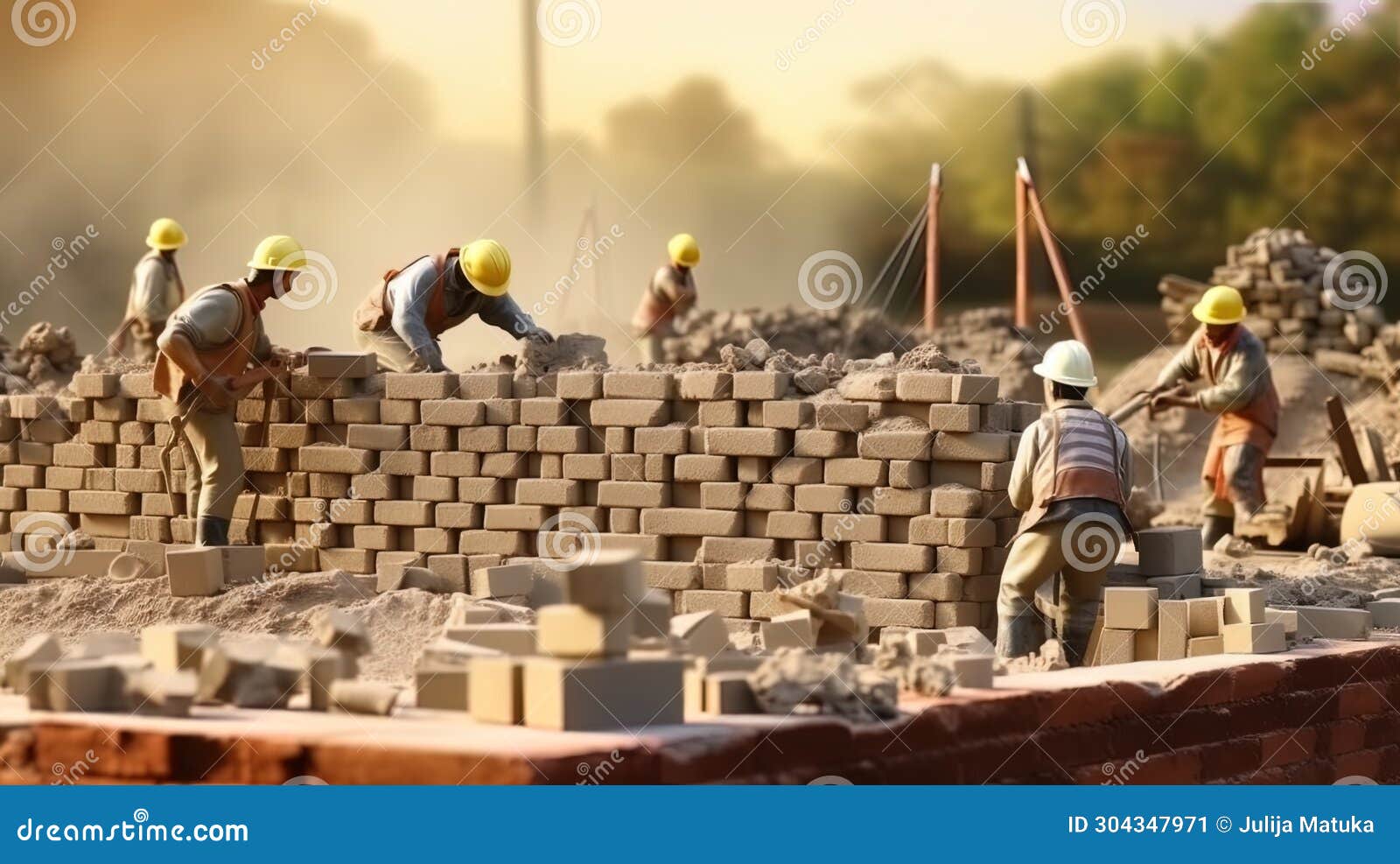 Workers Who Lay Bricks during the Construction of the Wall Stock ...