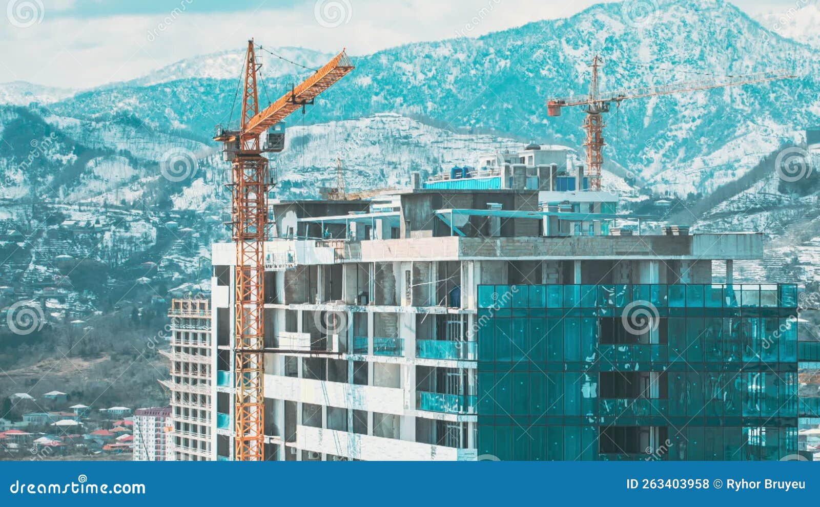 Workers Work in a Construction Area, during the Construction of a High ...