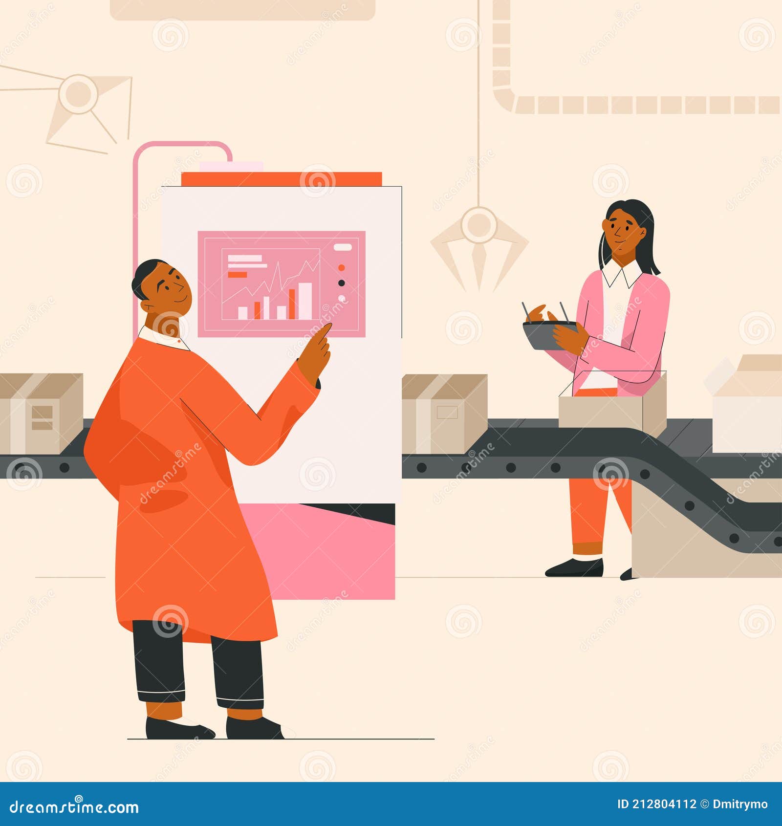 Workers Working on Conveyor at Smart Factory or Warehouse Stock Vector ...