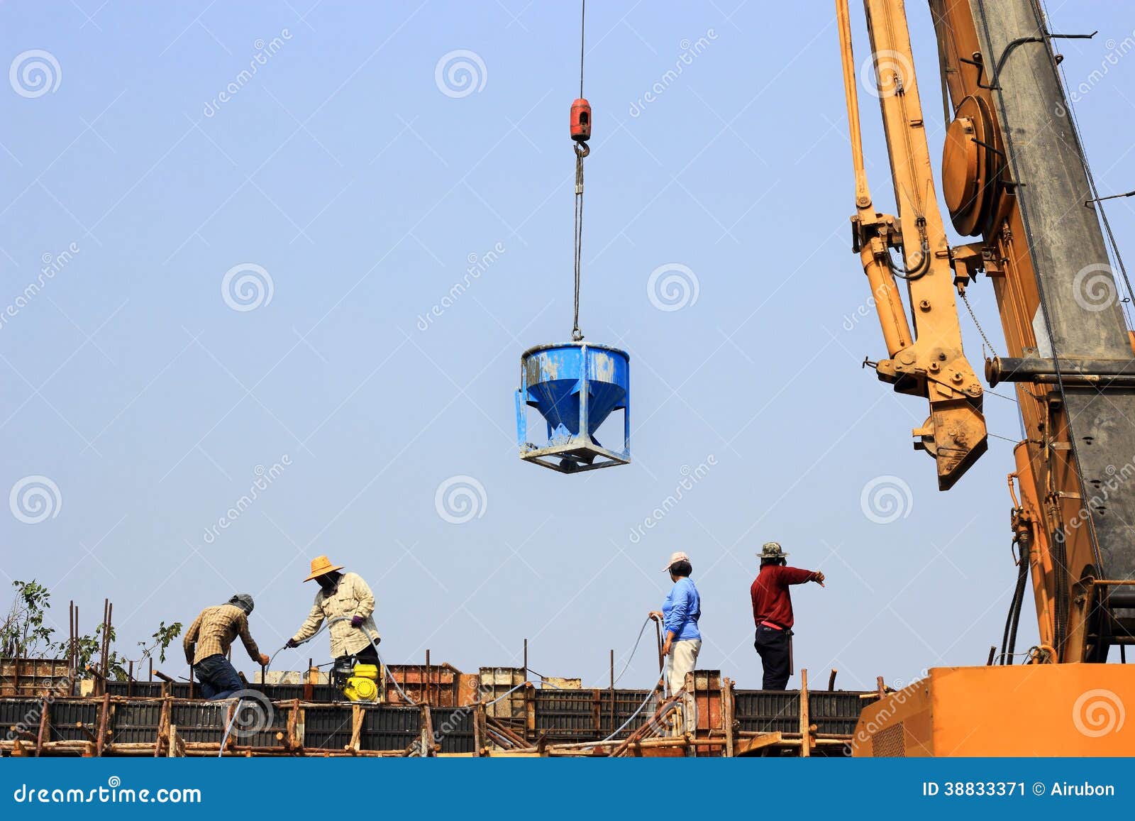 Workers With Crane Lift Wooden Structure Of House. Clip. Top View Of ...