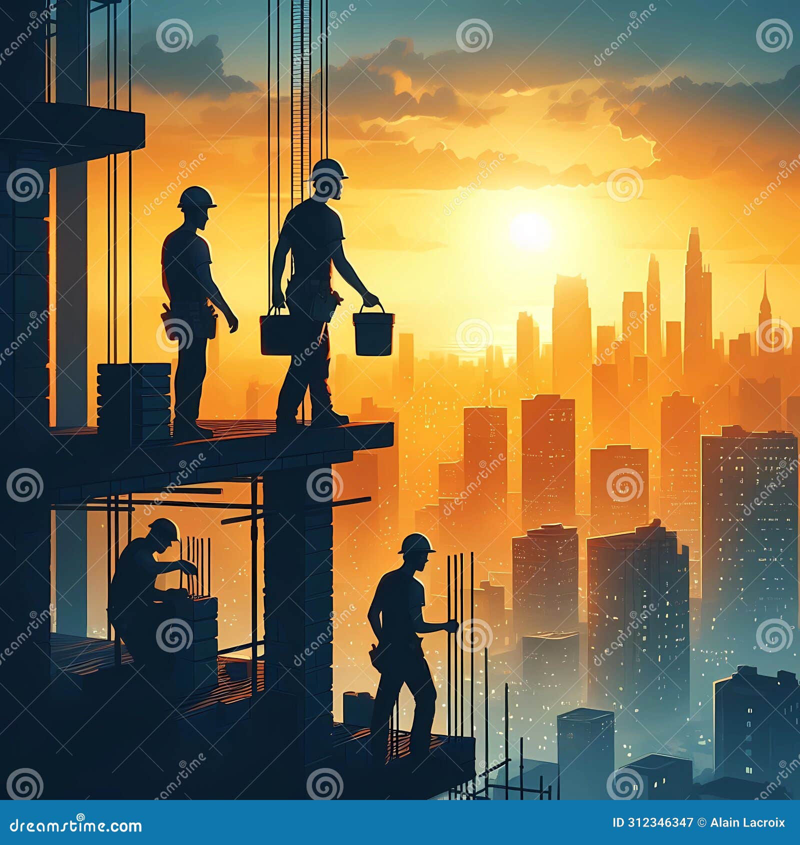Construction Workers High Building Sunrise Stock Illustration ...