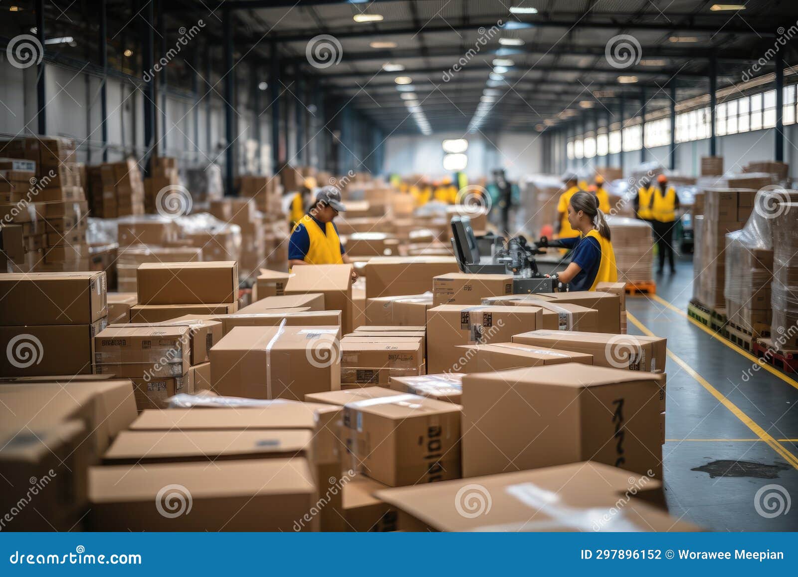 Workers Working at Post Delivery Service Warehouse with Cardboard Boxes ...