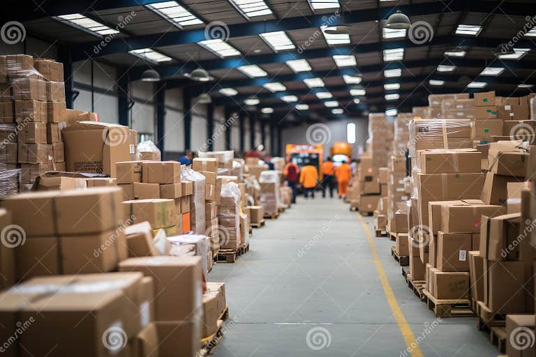 Workers Working at Post Delivery Service Warehouse with Cardboard Boxes ...