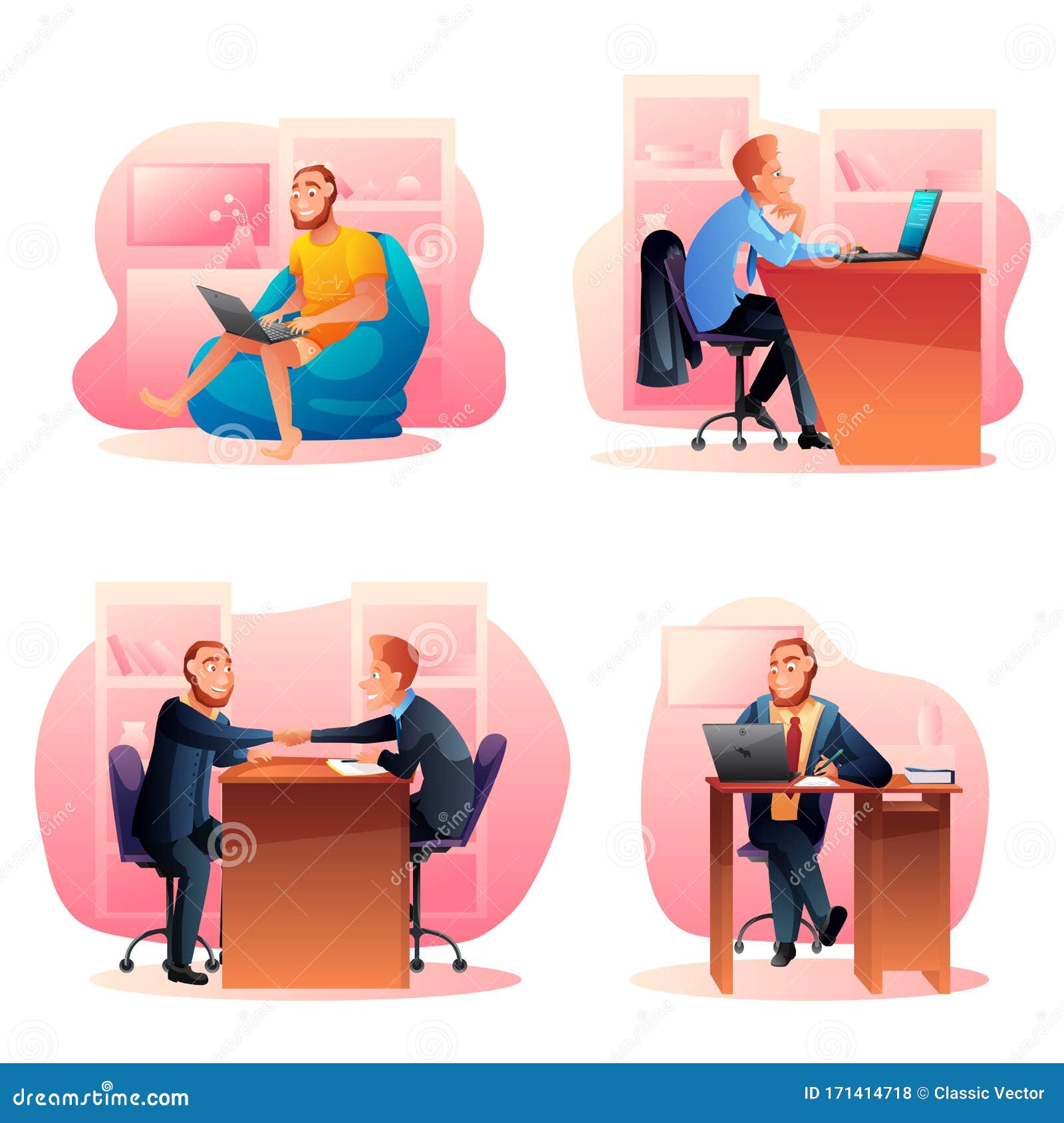 Workers at Workplace Flat Vector Illustrations Set Stock Vector ...