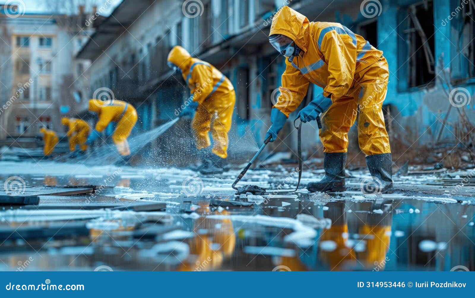Workers in Yellow Workwear Cleaning a Water Puddle Stock Photo - Image ...
