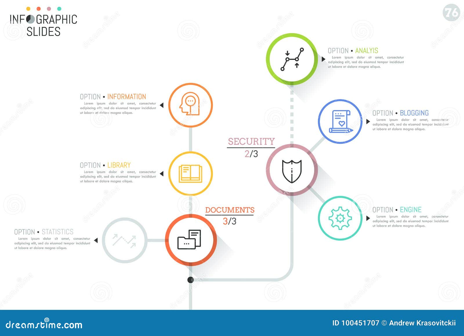 Workflow Chart with Round Elements, Icons and Text Boxes Connected by ...