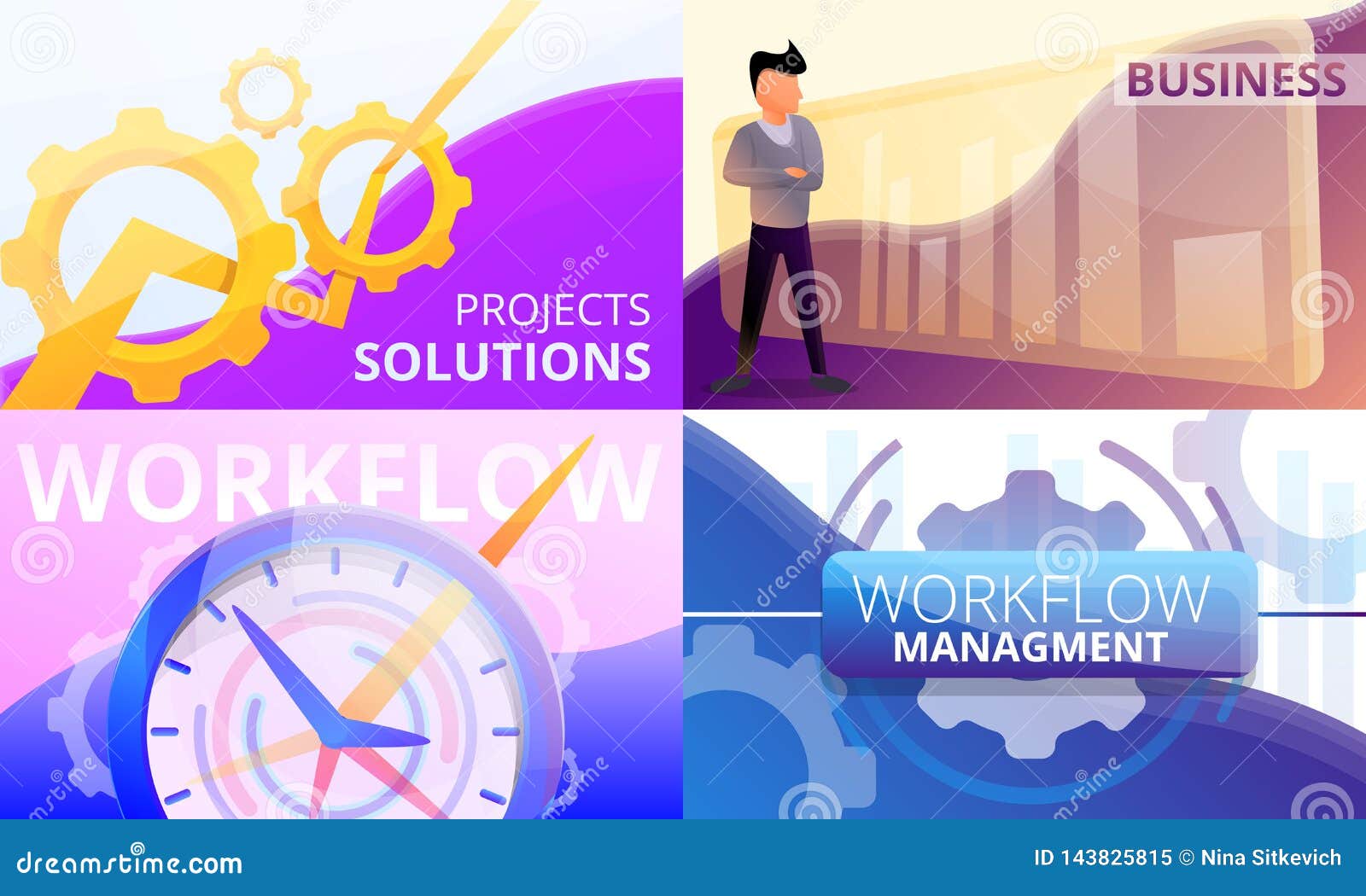 Workflow Management Banner Set, Cartoon Style Stock Vector ...