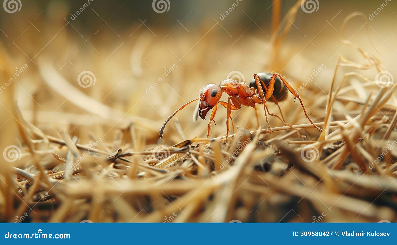A Working Ant Carries Straw, Captured in Extreme Close-up with Shallow ...
