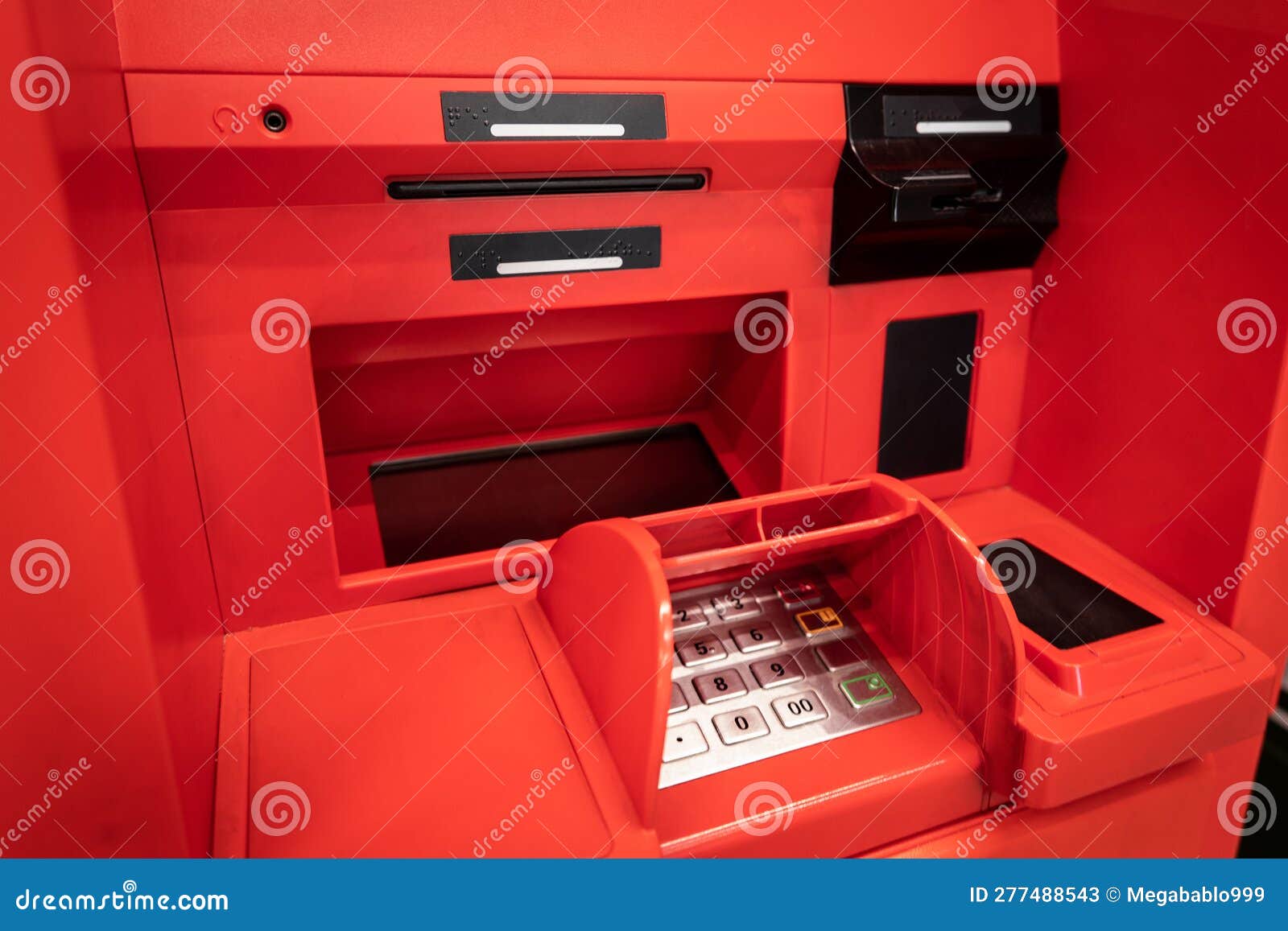 Working Area of a Red ATM with a Keyboard, a Card Reader and a Bill ...
