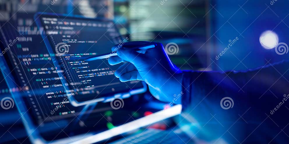 Working Atmosphere Of A Programmer At Home Background Programming Code Abstract Screen Stock