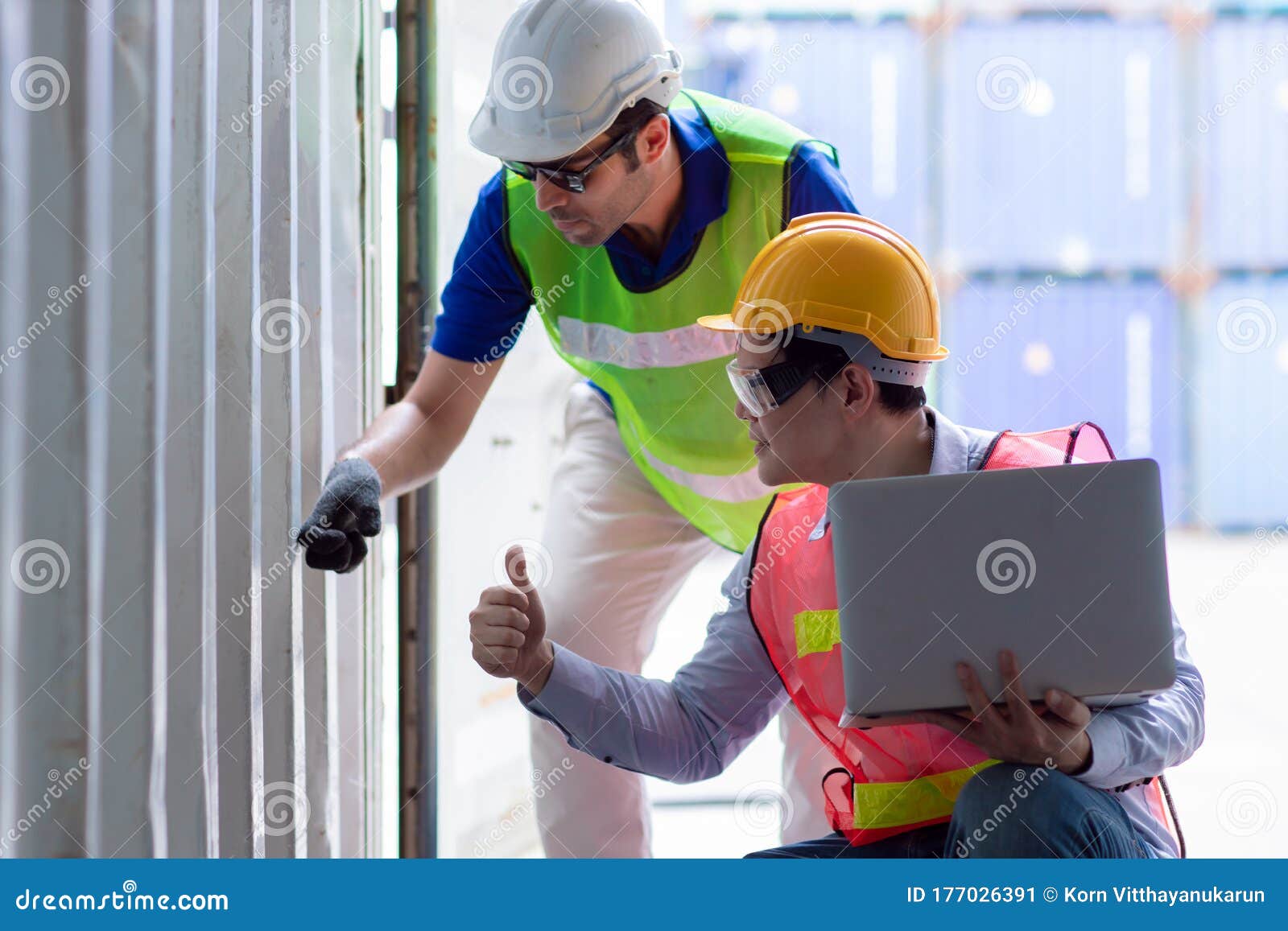 Working Audit Engineer Team in Shipping Harbor Port Checking Goods ...