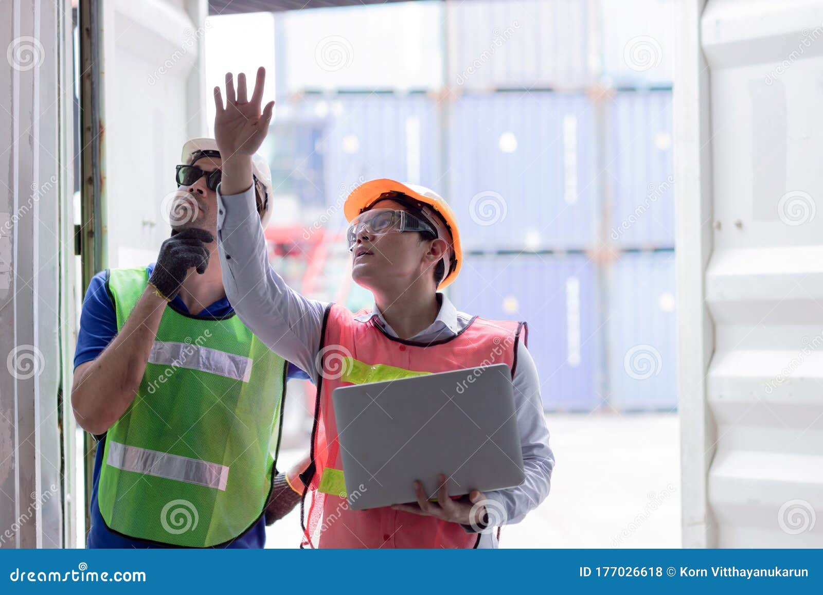 Working Audit Engineer Team in Shipping Harbor Port Checking Goods ...