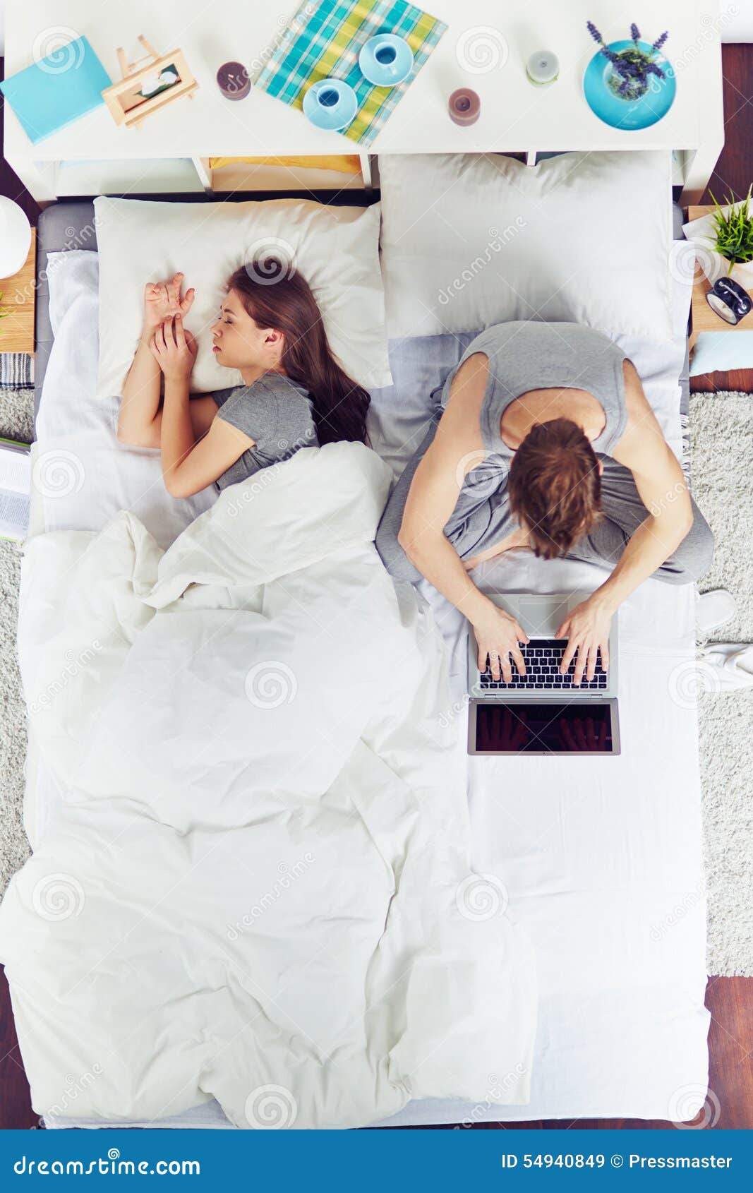 Working in bed stock image. Image of bedroom, technology - 54940849