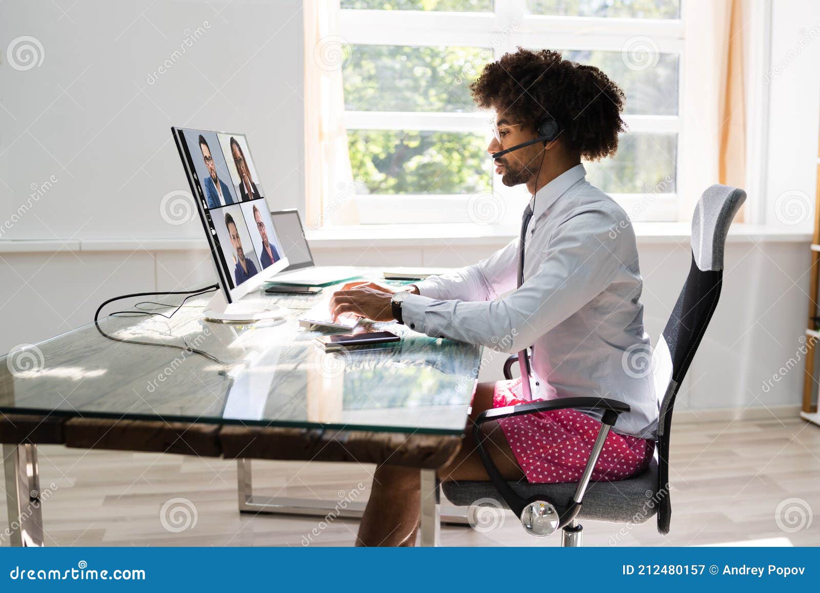 Working in Boxers at Desk. Work Video Call Stock Image - Image of ...