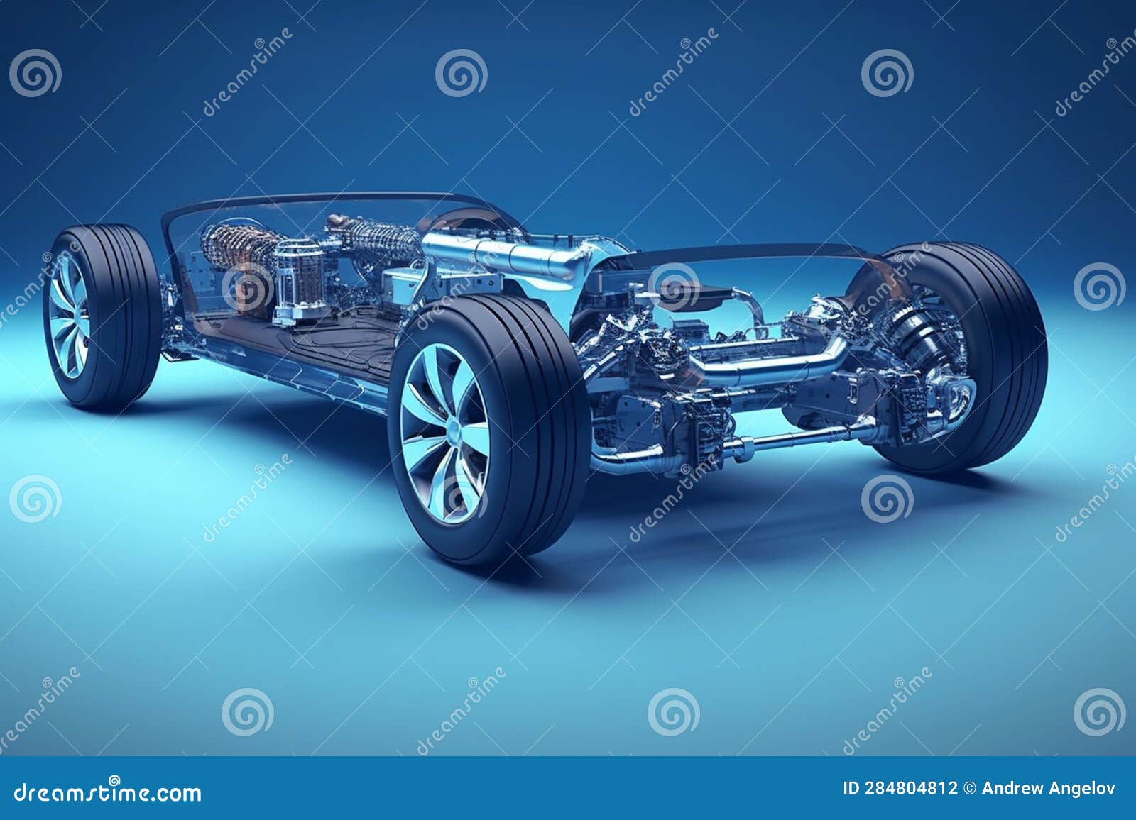 Working Car Internal Combustion Engine Scheme with Chassis and Wheels 3d Render Generative AI ...