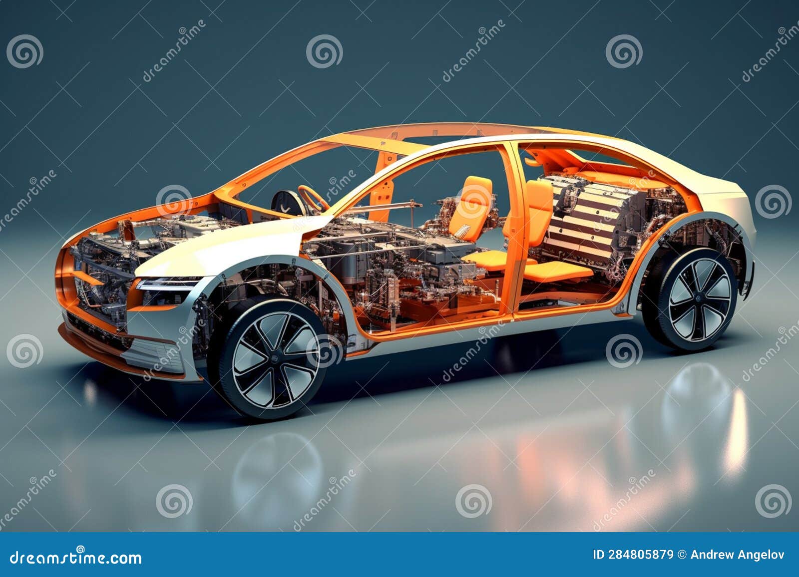 Working Car Internal Combustion Engine Scheme with Chassis and Wheels ...