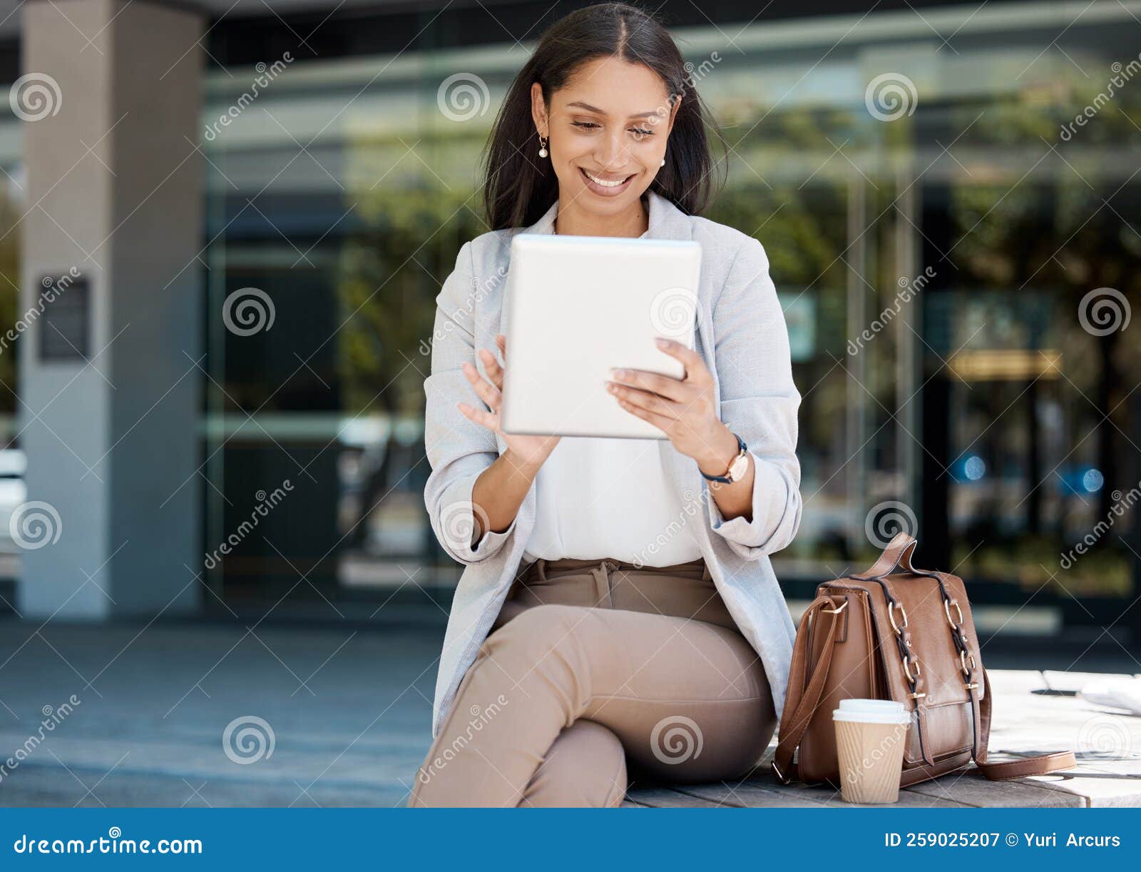 Working, City and Business Woman with Tablet Doing Work and Using ...