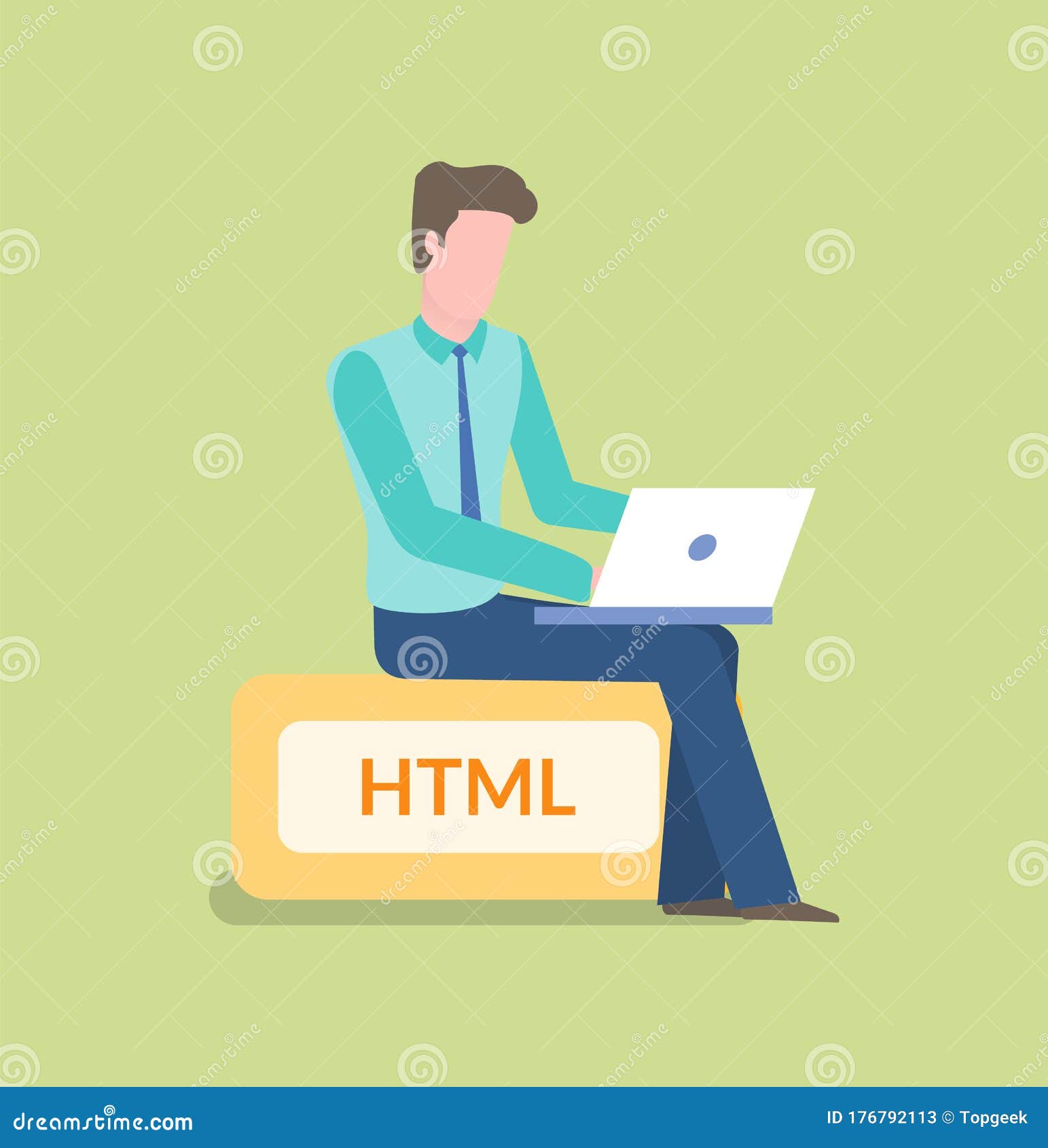 Programming Male Sitting on HTML Sign Working Stock Vector ...