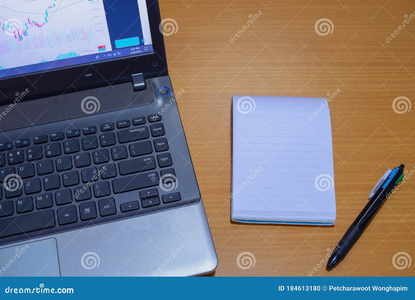 Working with the Computer, Along with Book and Pen Stock Photo - Image ...
