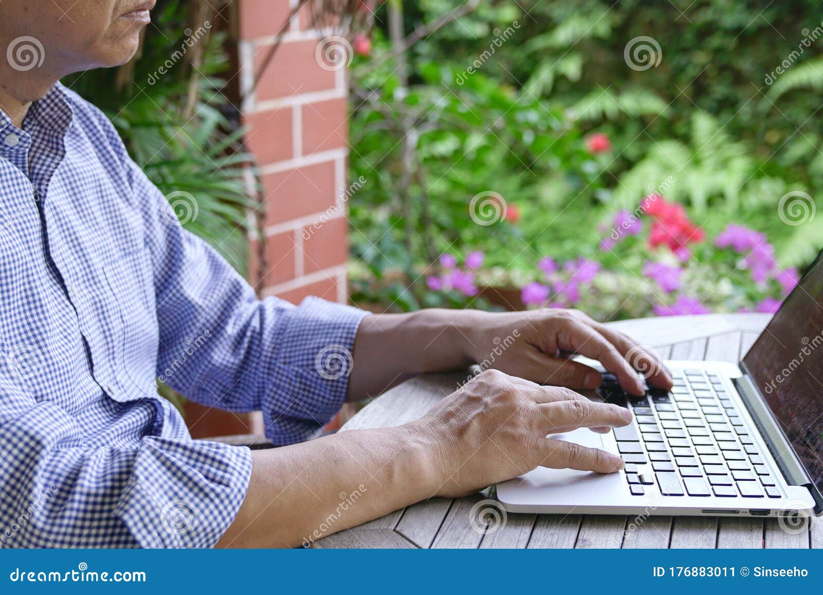 Working on the Computer. Hands on Keyboard. Garden View Stock Image ...